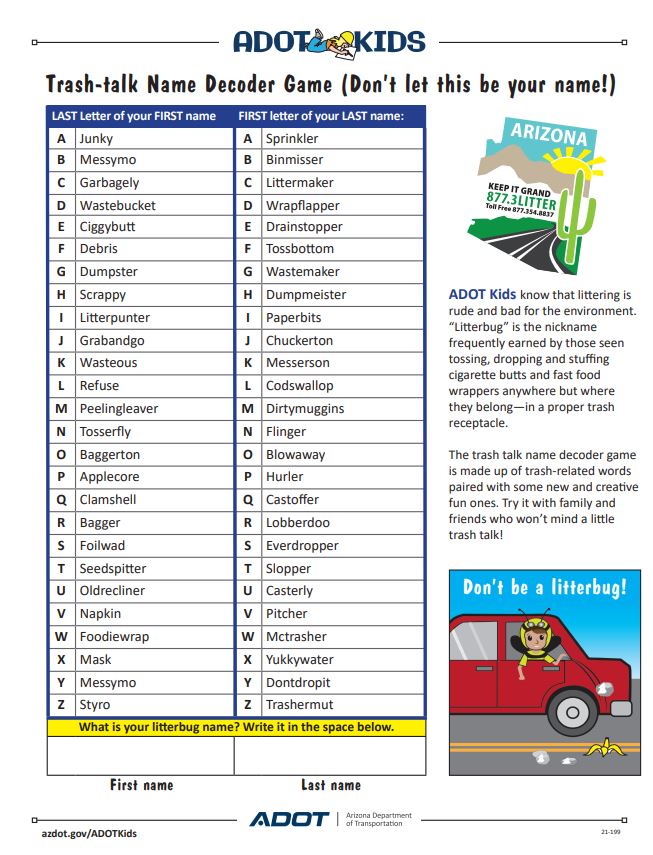 Adopt a Highway: Trash talk name decoder game | Department of ...